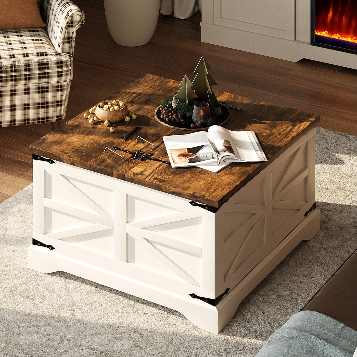 Gracie Oaks Farmhouse Coffee Table, 31.5" Square Wood Center Coffee Table With Lift Top, Rustic ...